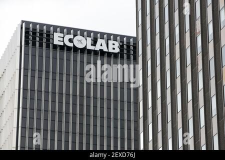 A logo sign outside of the headquarters of Ecolab, Inc., in St. Paul ...