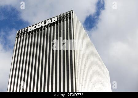 A logo sign outside of the headquarters of Ecolab, Inc., in St. Paul ...