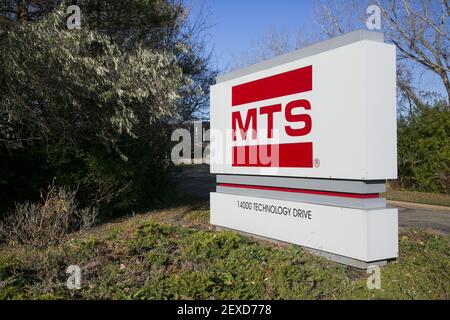 A logo sign outside of the headquarters of MTS Systems Corporation in ...