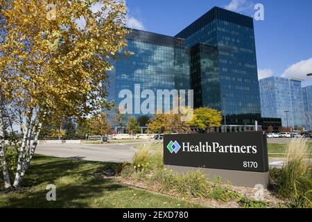 A logo sign outside of the headquarters of HealthPartners in ...