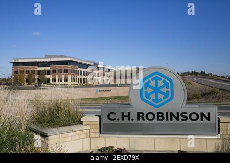 A logo sign outside of the headquarters of C.H. Robinson in Eden ...