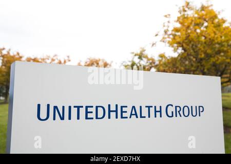 A logo sign outside of the headquarters of UnitedHealth Group in ...