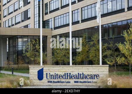 A logo sign outside of the headquarters of UnitedHealthcare in ...
