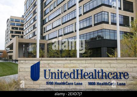 A logo sign outside of the headquarters of UnitedHealthcare in ...