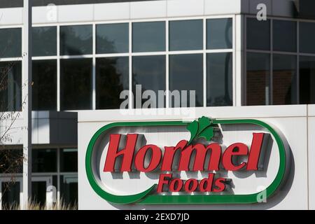 A logo sign outside of the headquarters of the Hormel Foods Corporation ...