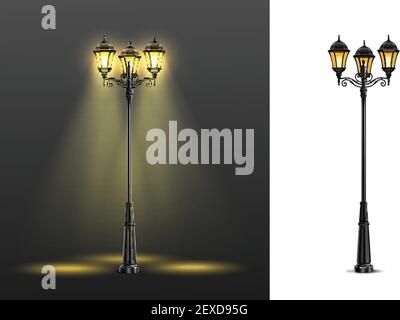 Vintage street lights glowing with yellow light and wooden bench 3d ...