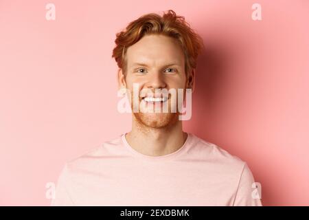 Headshot of happy redhead man with beard and white teeth, smiling ...