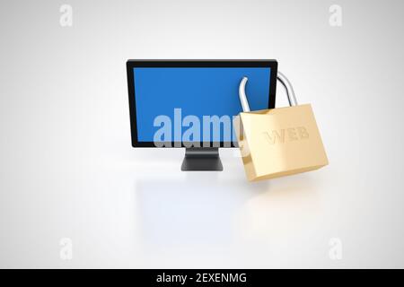 LCD Monitor with Padlock on White Background Stock Photo - Alamy