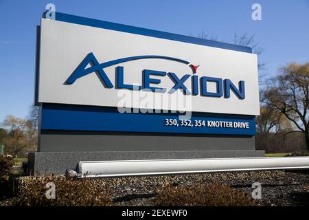 A logo sign outside of the headquarters of Alexion Pharmaceuticals Inc ...
