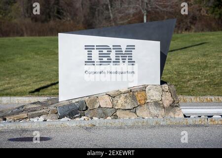 A logo sign outside of the headquarters of IBM in Armonk, New York on ...