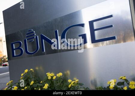 A logo sign outside of the headquarters of Bunge Limited in White ...