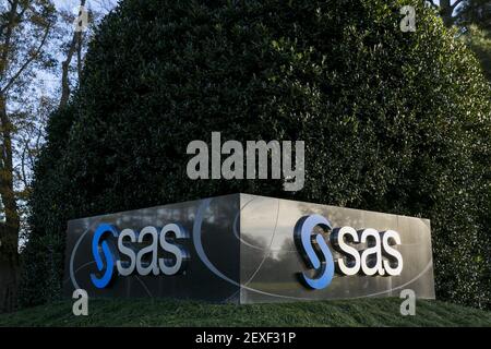 A logo sign outside of the headquarters of SAS Institute Inc., in Cary ...