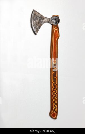 antique battle axe with wooden handle on white background Stock Photo ...