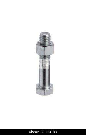 Steel threaded bolt and nut on metallic background construction concept ...