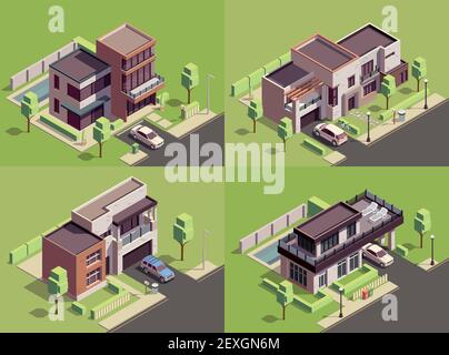 Cottage buildings 2x2 design concept set of modern cozy family houses ...