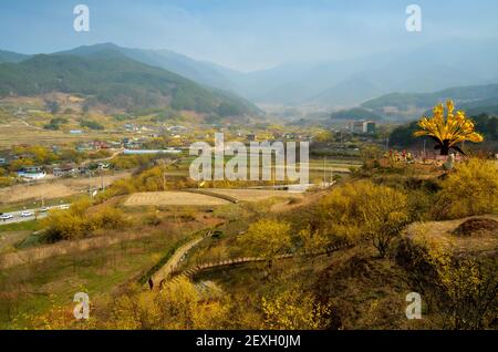 Landscape of Gurye county (South Korea) during Sansuyu flower festival ...