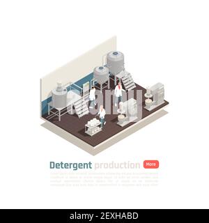 Cosmetics production isometric background with staff working in filling ...