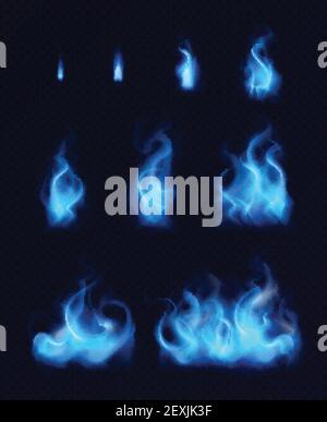 Blue gas flames realistic set of different forms and sizes on black ...