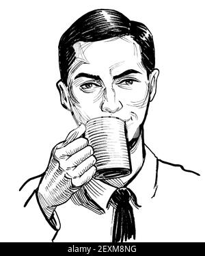 Man with a cup of coffee. Ink black and white drawing Stock Photo - Alamy