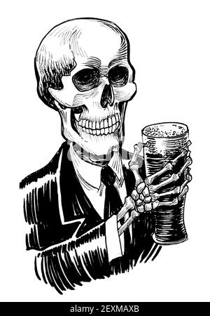 Human skeleton drinking alcohol. Ink black and white drawing Stock ...