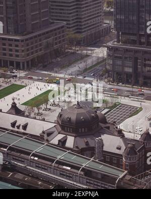 Aerial View of Train Station with Japanese Trains on Rail Tracks During ...