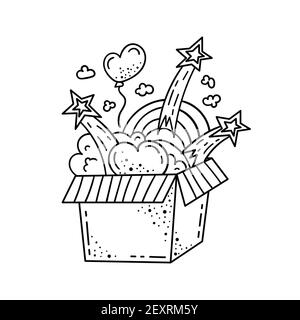 Doodle illustration of a magic box with hearts, clouds and rainbows ...