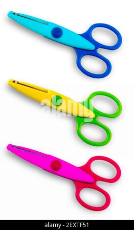 Colore baby scissors cut out on a white background. View from above ...