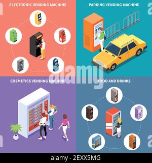 Food and drinks vending machines with payment terminals automated self service 4 isometric icons ...