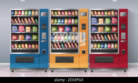 Realistic poster with three multicolored vending machines full of ...