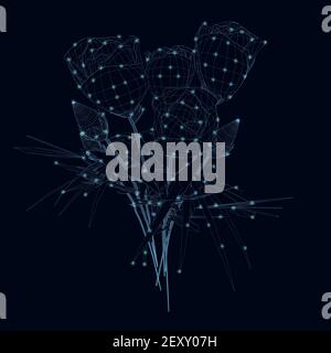 Wireframe of blue roses on a dark background with glowing lights. View ...