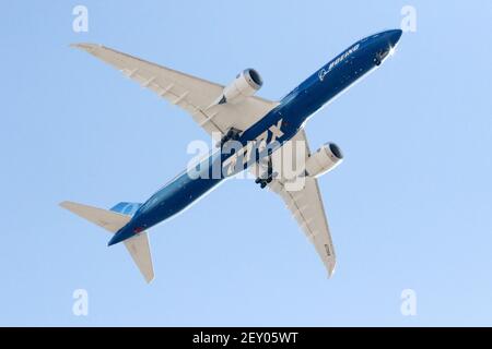 The new Boeing 777X in a test flight over Mesa, Arizona Stock Photo - Alamy