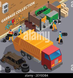 Isometric recycling composition with outdoor view of street with ...