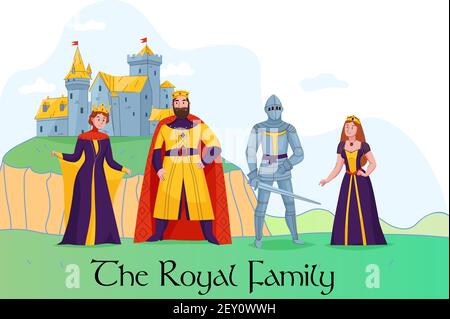 Medieval kingdom royal family standing in front of castle flat ...