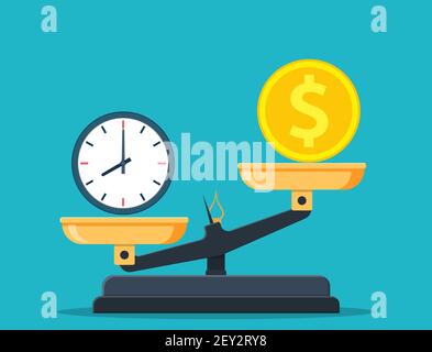 Time vs money on scales in flat style. Weight balance vector ...