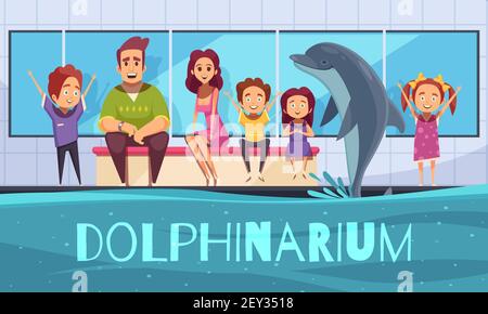 Dolphin jump out of water. Cartoon marine landscape with jumping ...