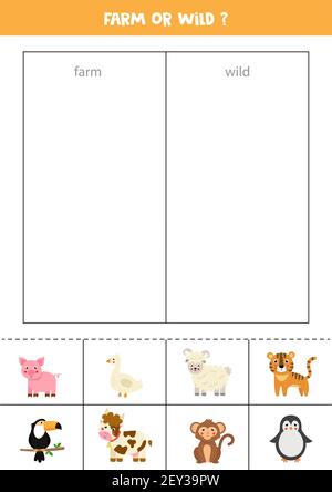 Wild or domestic animals. Sorting game for preschool kids. Educational ...