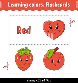 Learning colors. Red color. Flashcard for kids. Cute cartoon characters ...