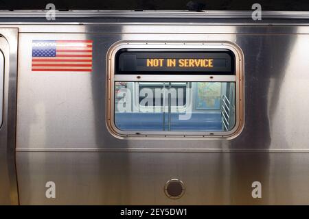 FILE PHOTO: A Brooklyn bound MTA E Train Subway Car displays "Not In ...
