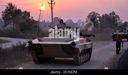 Armoured vehicles of Indian Army arrive at the site of encounter ...