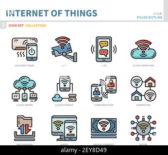 filled future technology icon set. contain flat wi gloves, cooker, vr ...