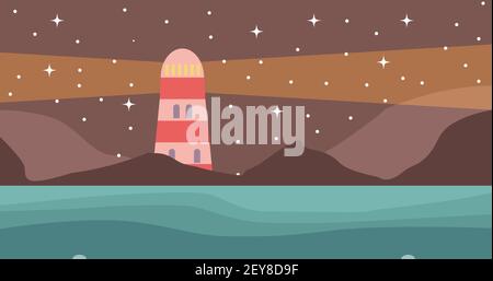 Night lighthouse landscape. Cartoon lighthouse with searchlight beam ...
