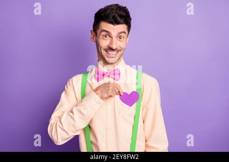 Photo of charming funny young gentleman wear green sweatshirt smiling ...