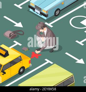 Classic crime scene with detective looking for blood stains on asphalt ...