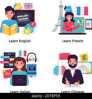 Flat and isolated learning language training center icon set with ...