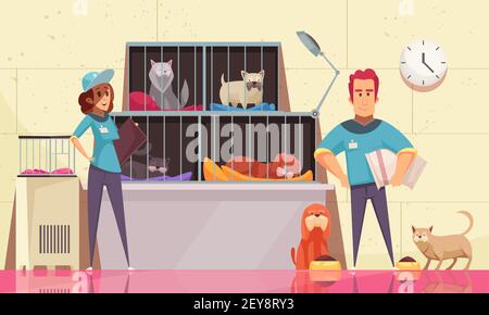 Animal shelter with pets in cages. Man and woman volunteers feeding ...