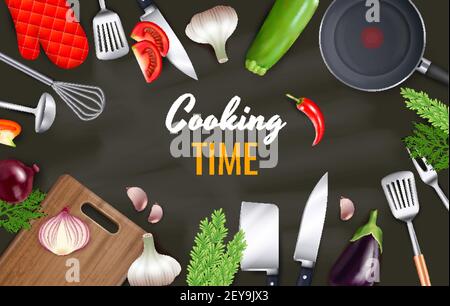 Cooking tools background composition with realistic images of ...