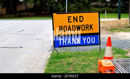 Works end thank you road sign Stock Photo - Alamy