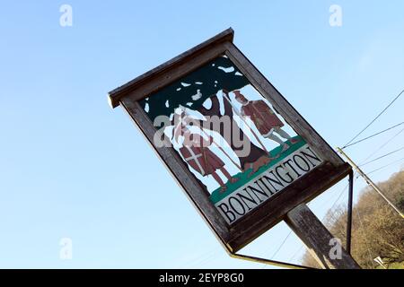 Village sign on village green, B2067, Bonnington near Ashford, Kent ...