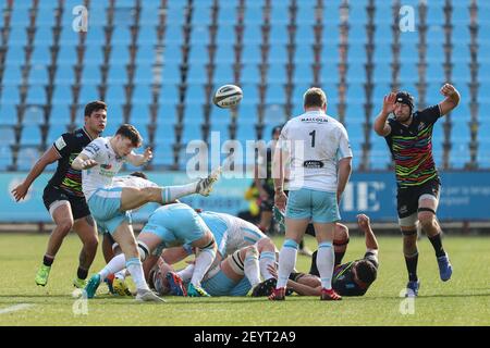 Jamie Dobie (Glasgow) takes a kick from a ruck during Zebre vs Glasgow ...