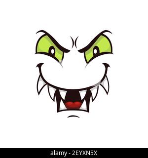 Cartoon face vector icon, gloat emoji with angry eyes and smirk smiling ...